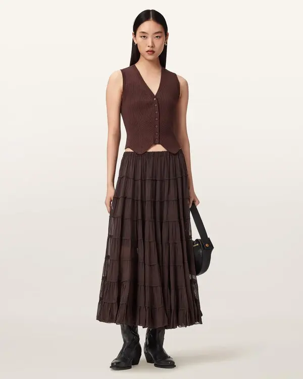ALLSAINTS Eva Tiered Midi Skirt - Brown