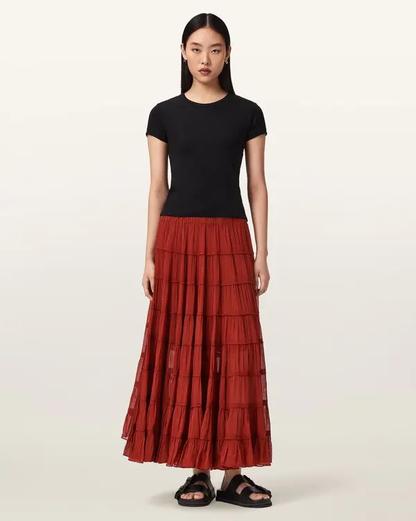 ALLSAINTS Eva Tiered Midi Skirt - Red