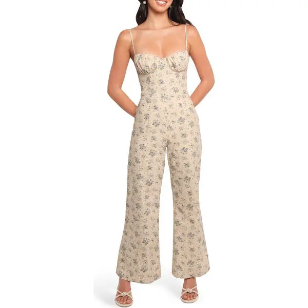 PETAL & PUP Lemie Corset Wide Leg Jumpsuit - Blue Floral