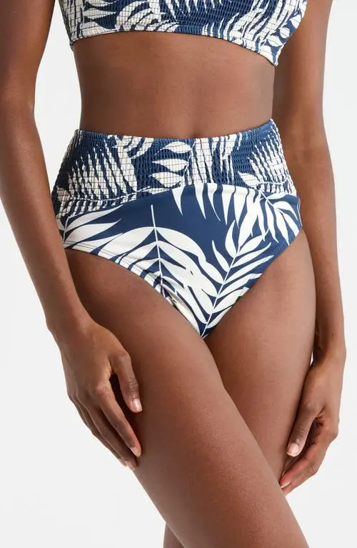 HUTCH Smocked High-waist Bikini Bottom - Navy Paradise Foliage