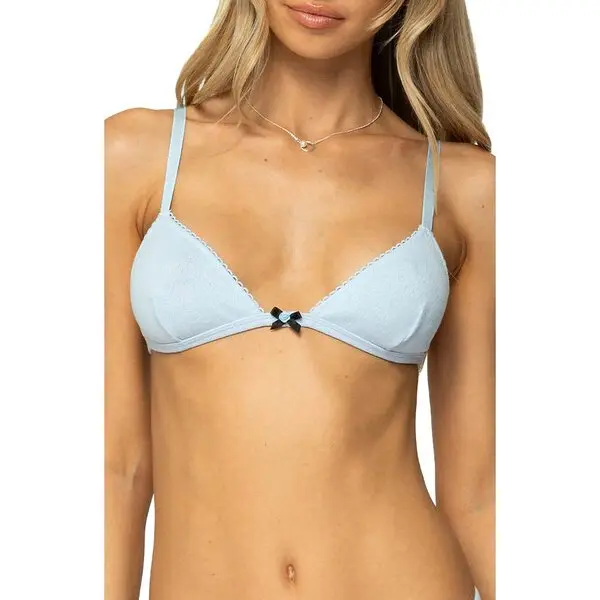 EDIKTED Delfina Pointelle Triangle Bikini Top - Blue