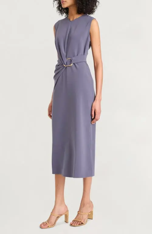 LUXELY Sleeveless Ruched Midi Dress - Graystone