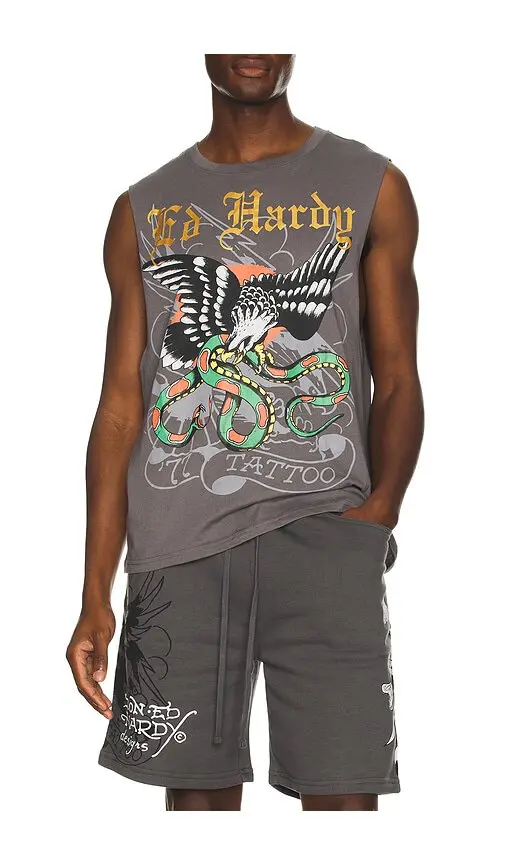 Ed Hardy Eagle Snake Cutoff Tee In Grey