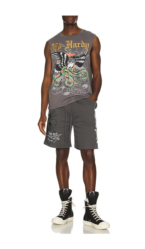 Ed Hardy Eagle Snake Cutoff Tee In Grey