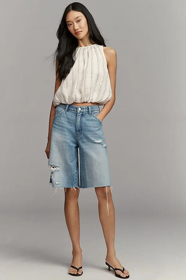 PILCRO Denim Bermuda Shorts With Elastic-back