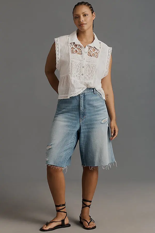 PILCRO Denim Bermuda Shorts With Elastic-back