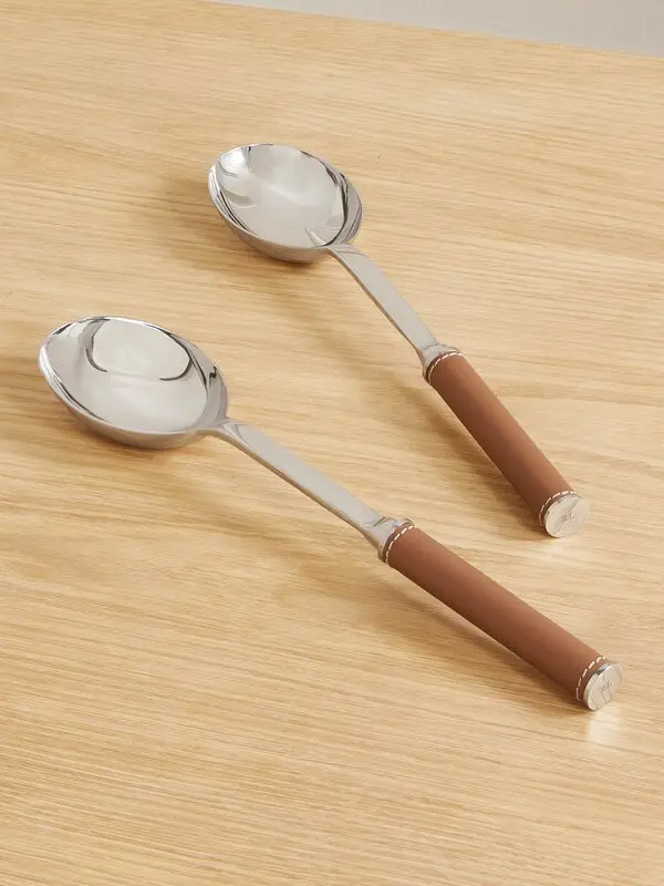 Ralph Lauren Wyatt Set Of Two Stainless Steel And Leather Salad Servers - Brown