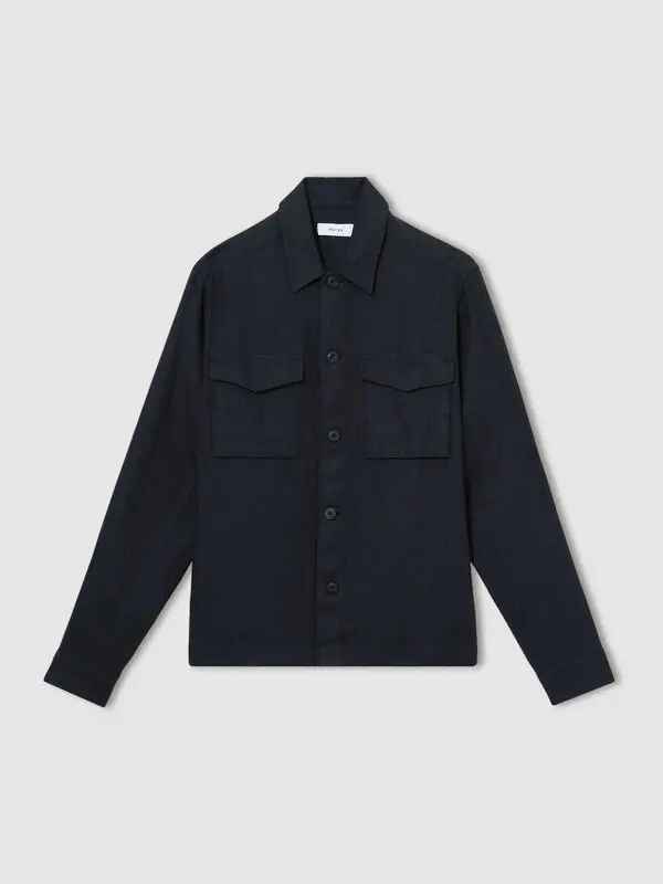 REISS Eze Linen Twin-pocket Overshirt - Navy