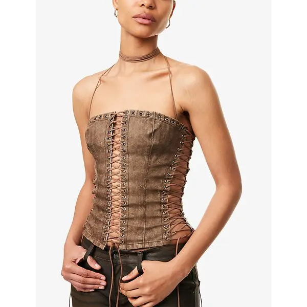 Jaded London Odile Lace-Up Faux-Leather Corset Top - Brown | Editorialist