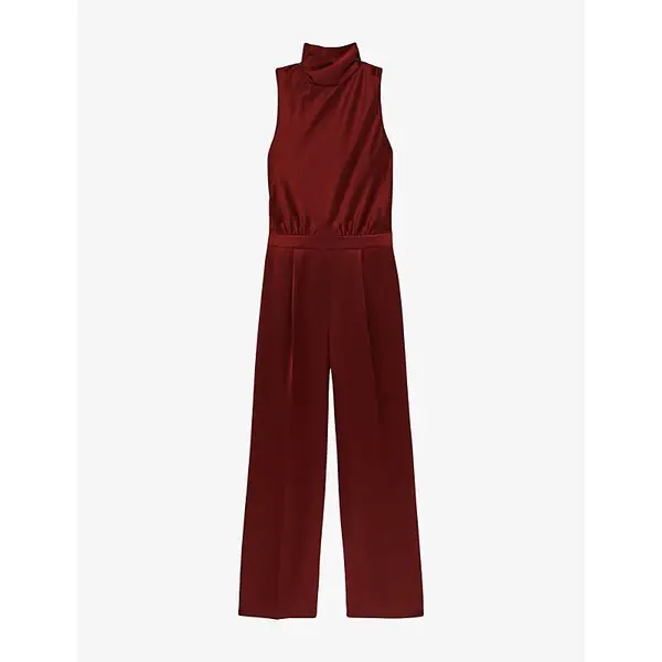 REISS Farah Cape-back Sleeveless Satin Jumpsuit - Dark Red
