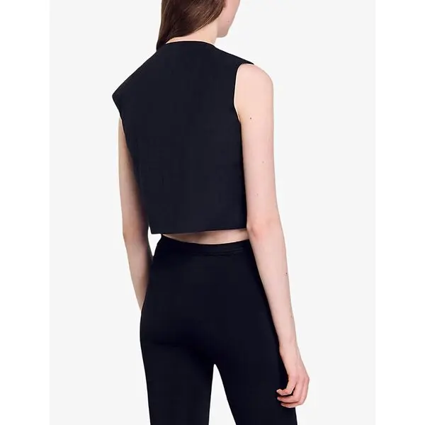 Sandro Button-down Pleated Cotton-blend Crop Top - Noir / Gris