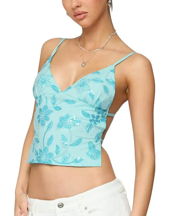 EDIKTED Sequin Floral Backless Top - Turquoise