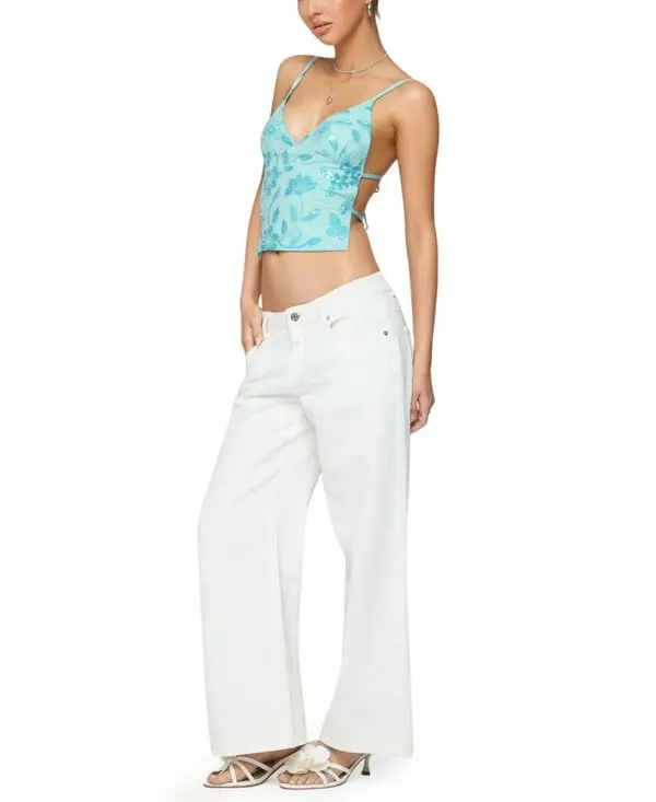 EDIKTED Sequin Floral Backless Top - Turquoise