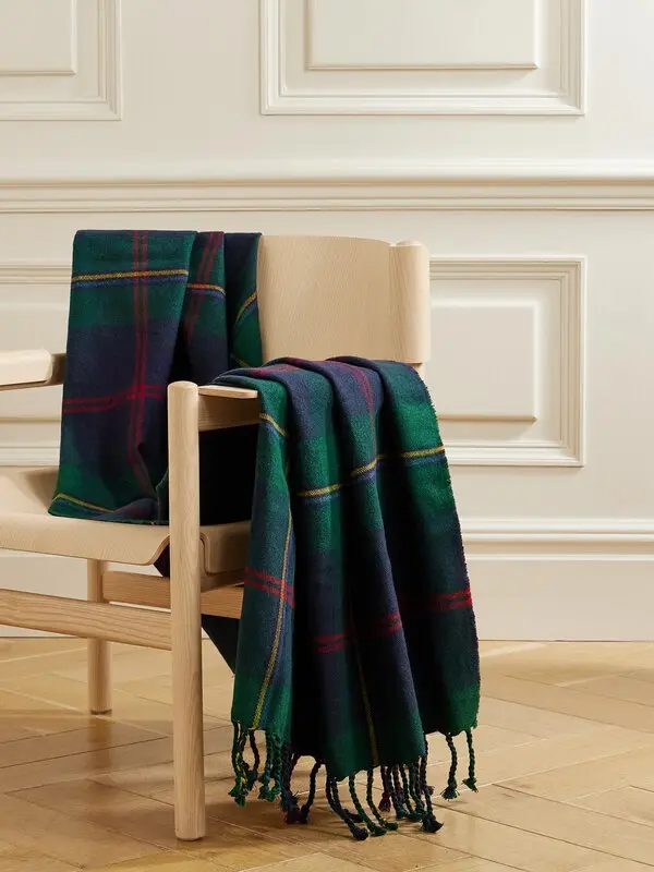 Ralph Lauren Langport Fringed Checked Wool And Linen-blend Blanket - Green