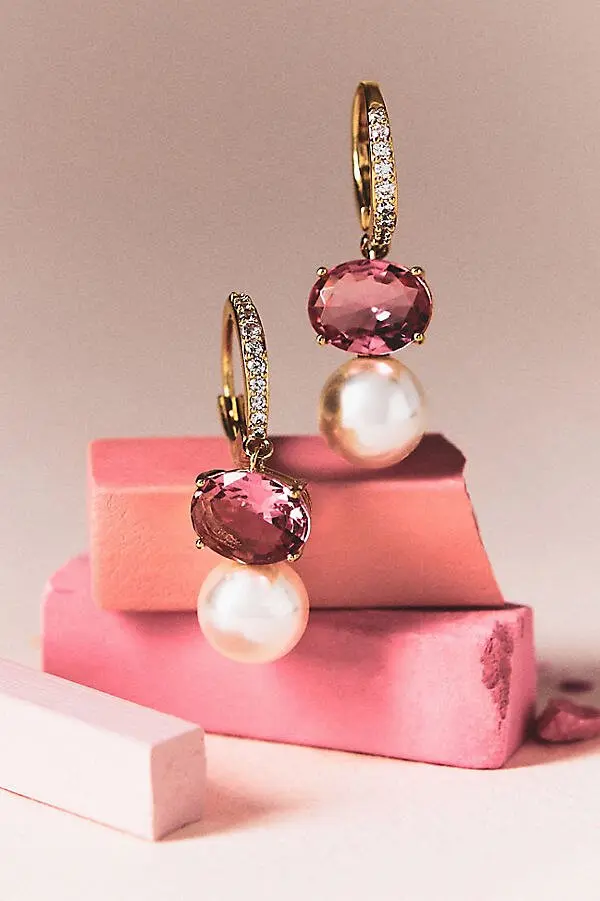 Nadri Crystal Pearl Drop Earrings - Pink