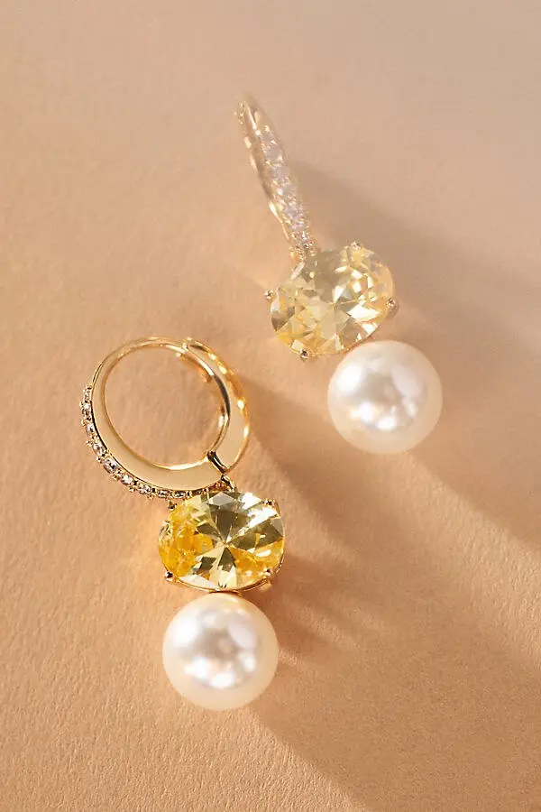Nadri Crystal Pearl Drop Earrings - Yellow