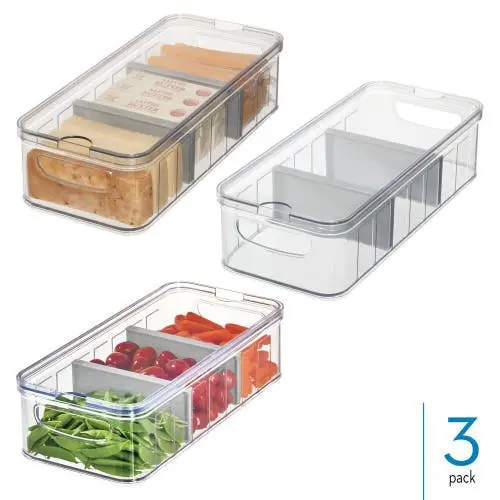 IDESIGN Large Fridge Organizer Bin With Removable Divider And Lidset Of 3clear/