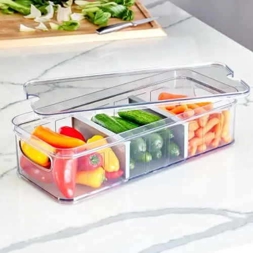 IDESIGN Large Fridge Organizer Bin With Removable Divider And Lidset Of 3clear/