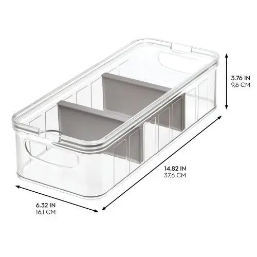 IDESIGN Large Fridge Organizer Bin With Removable Divider And Lidset Of 3clear/