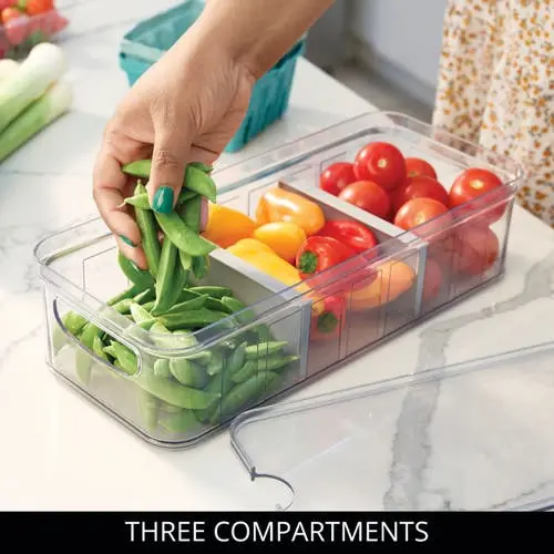 IDESIGN Large Fridge Organizer Bin With Removable Divider And Lidset Of 3clear/