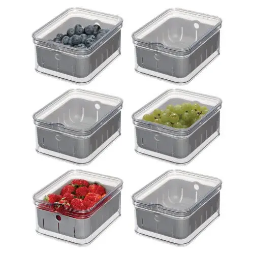 IDESIGN Small Fridge Berry Bin With Removable Colander Basket And Lid Set Of 6 - Gray