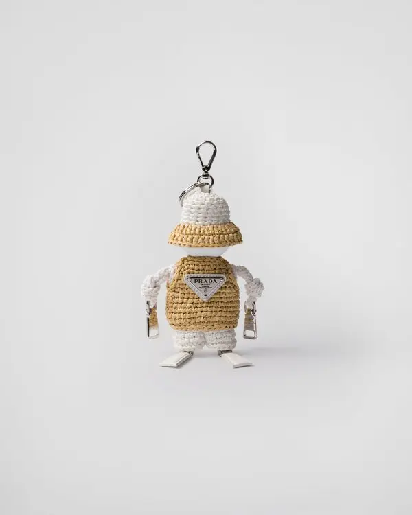 Prada Raffia-effect Keychain Charm - Tan/white