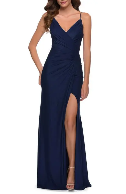 La Femme Net Jersey Prom Gown With Ruching