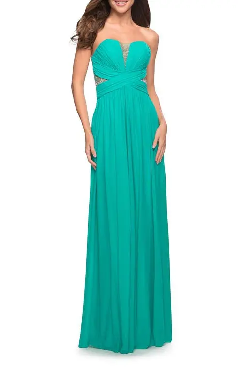 La Femme Net Jersey Gown With Embellished Bodice - Spearmint
