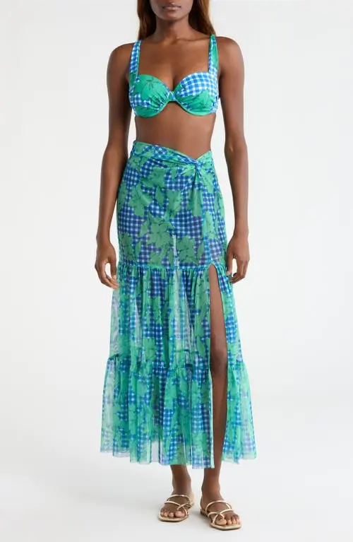 HUTCH Sheer Maxi Cover-up Skirt - Watercolor Rococo Bouquet Blue