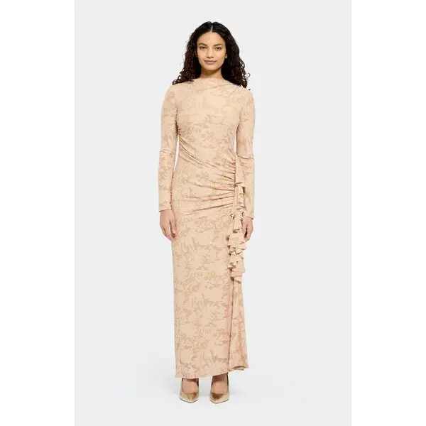 DASKA Jacquard Maxi Dress With Side Frill - Stone