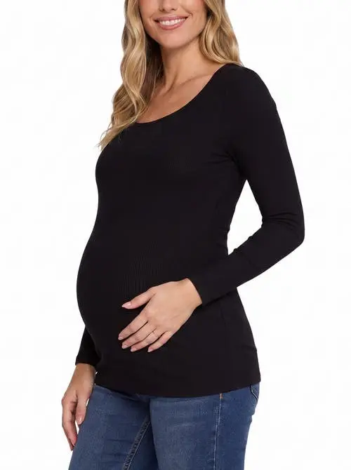 Motherhood Maternity Square Neck Rib Knit Long Sleeve Tee - Black