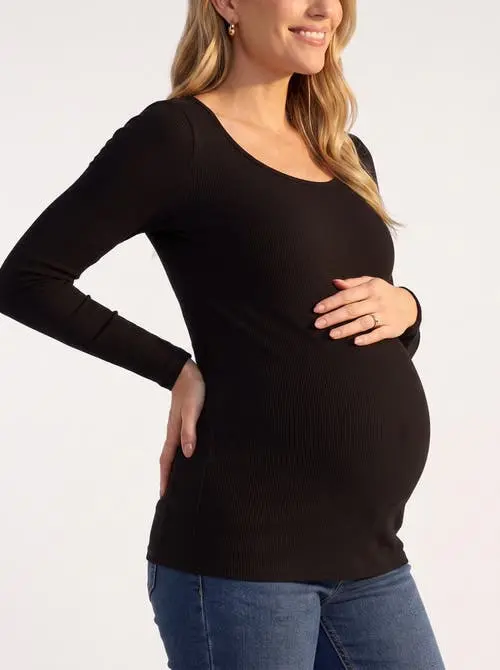 Motherhood Maternity Square Neck Rib Knit Long Sleeve Tee - Black