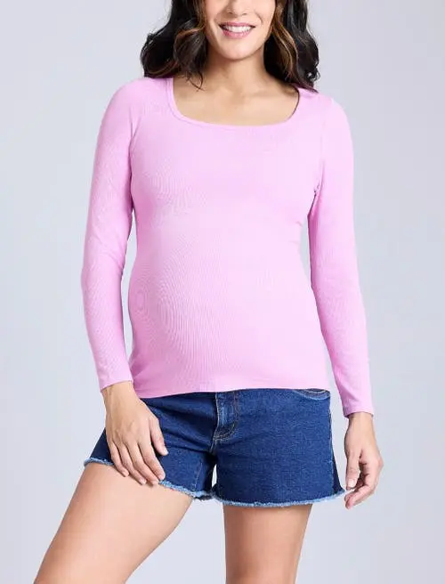 Motherhood Maternity Square Neck Rib Knit Long Sleeve Tee - Cyclamen