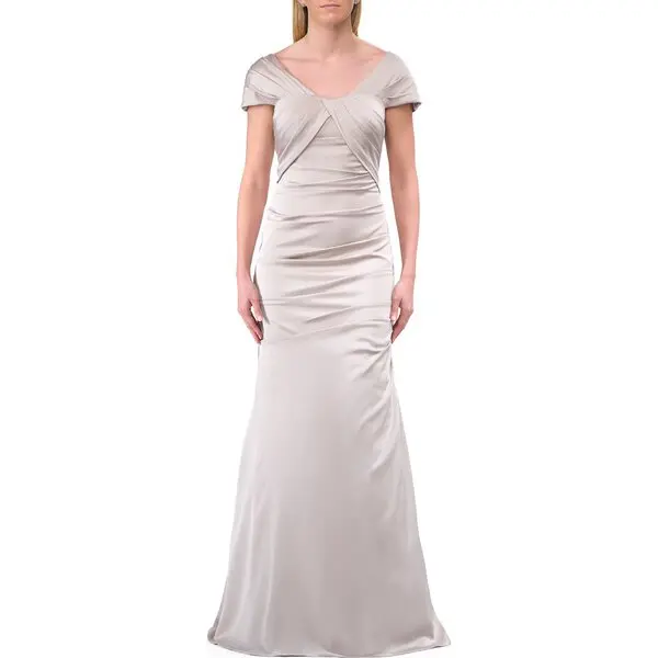 La Femme Ruched Mermaid Satin Gown - Silver