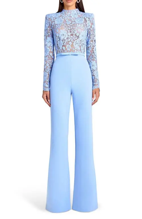 NADINE MERABI Maddie Lace Long Sleeve Wide Leg Jumpsuit - Light/ Pastel Blue