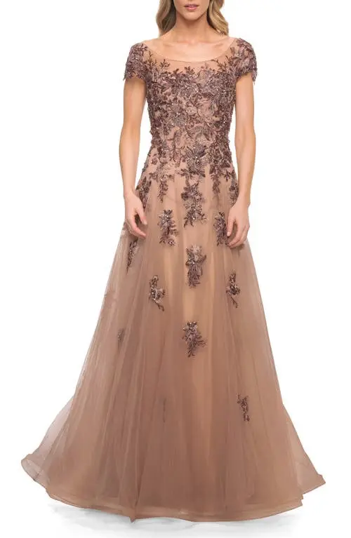 La Femme Beaded Tulle A-line Gown - Cocoa