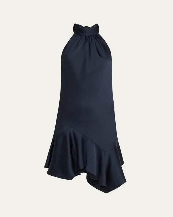 Ramy Brook Nari Asymmetric Flounce Halter Mini Dress - Navy