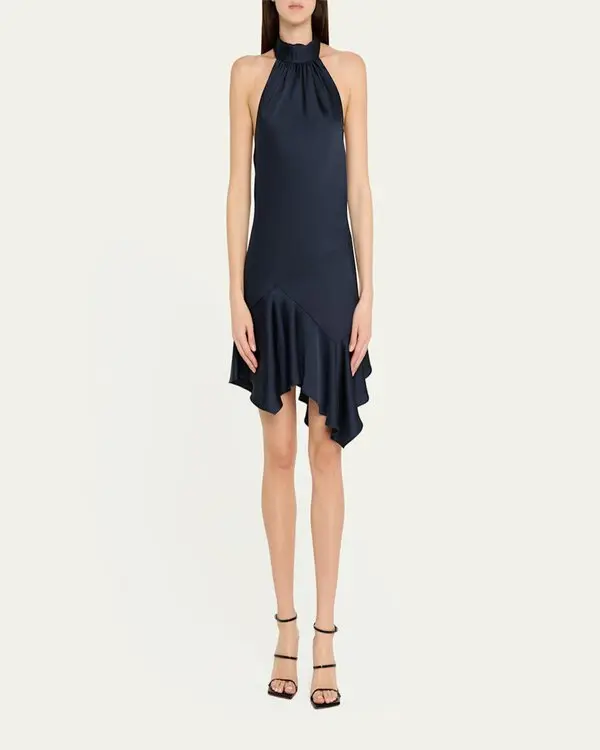Ramy Brook Nari Asymmetric Flounce Halter Mini Dress - Navy