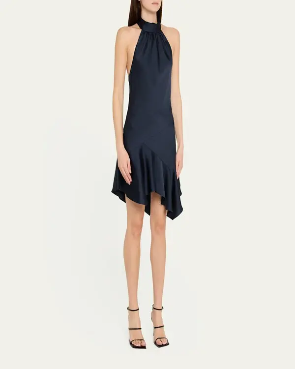 Ramy Brook Nari Asymmetric Flounce Halter Mini Dress - Navy