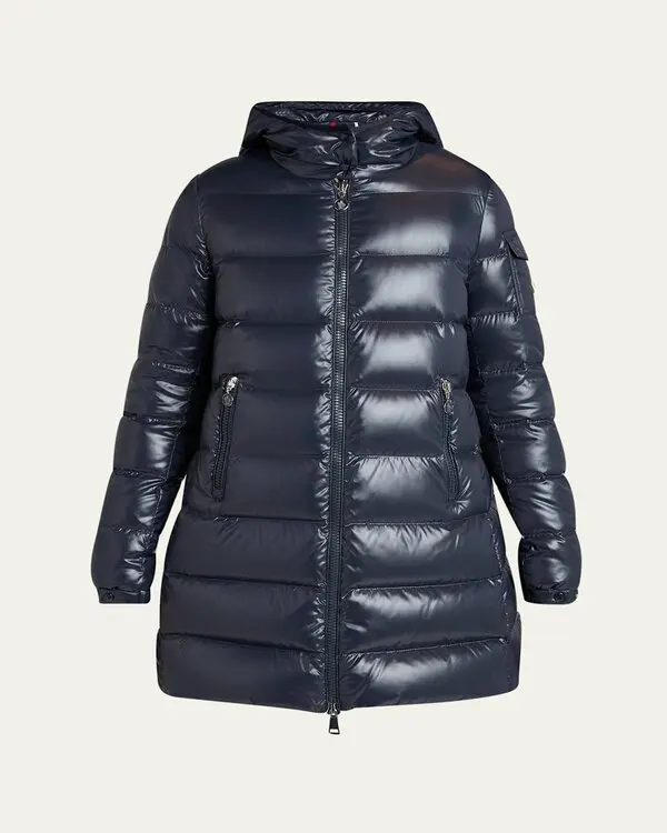 Moncler Courcelles Long Hooded Down Puffer Coat - Navy