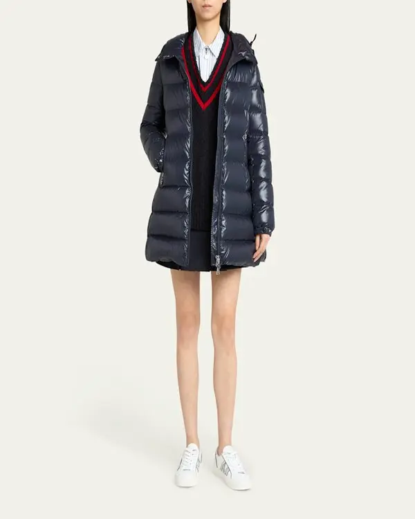 Moncler Courcelles Long Hooded Down Puffer Coat - Navy