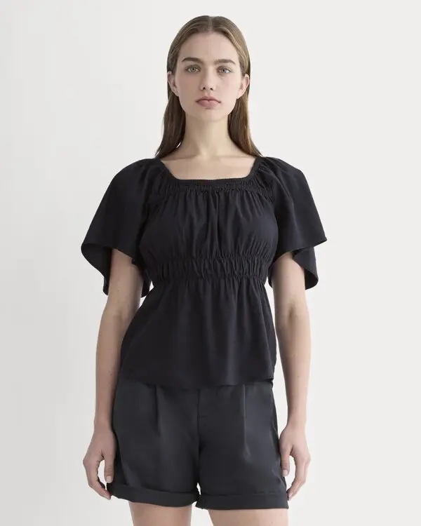 Everlane Flutter-sleeve Stretch Linen Top - Black
