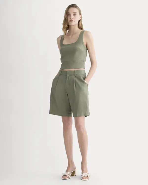 Everlane Pleated Stretch Linen Cotton Shorts - Lichen Green