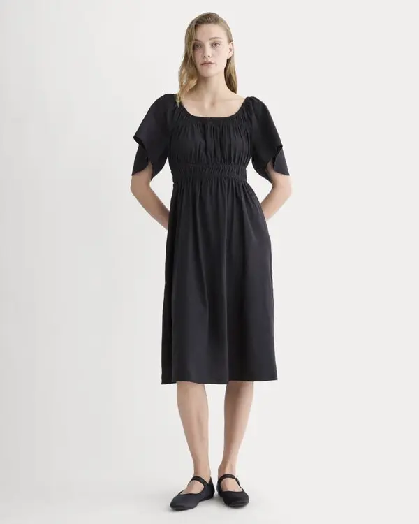 Everlane Flutter-sleeve Stretch Linen Midi Dress - Black