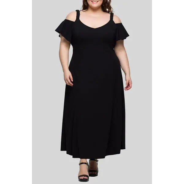 24SEVEN COMFORT APPAREL Cold Shoulder Jersey Maxi Dress - Black