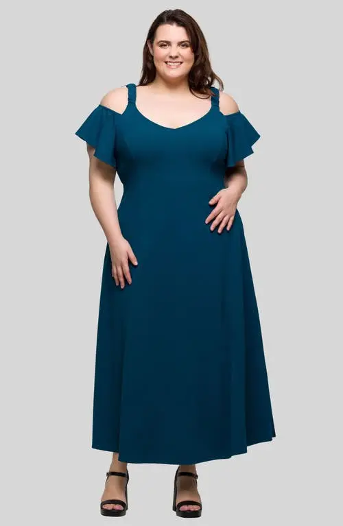 24SEVEN COMFORT APPAREL Cold Shoulder Jersey Maxi Dress - Teal