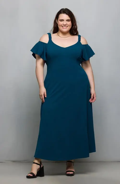 24SEVEN COMFORT APPAREL Cold Shoulder Jersey Maxi Dress - Teal