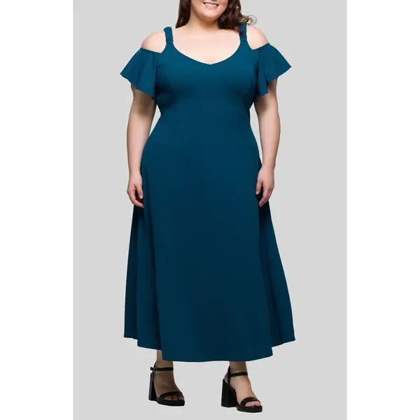 24SEVEN COMFORT APPAREL Cold Shoulder Jersey Maxi Dress - Teal
