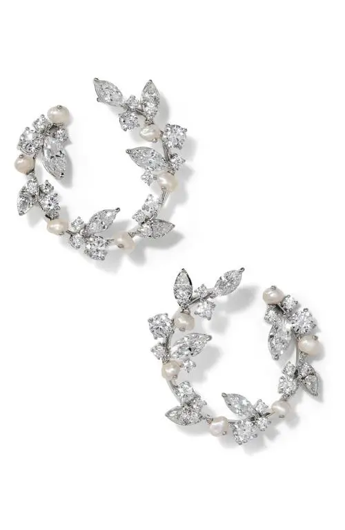 Nadri Ravish Crystal & Pearl Hoop Earrings - Rhodium