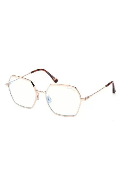 TOM FORD 56mm Geometric Optical Glasses - Rose Gold/ Blue Block Lenses